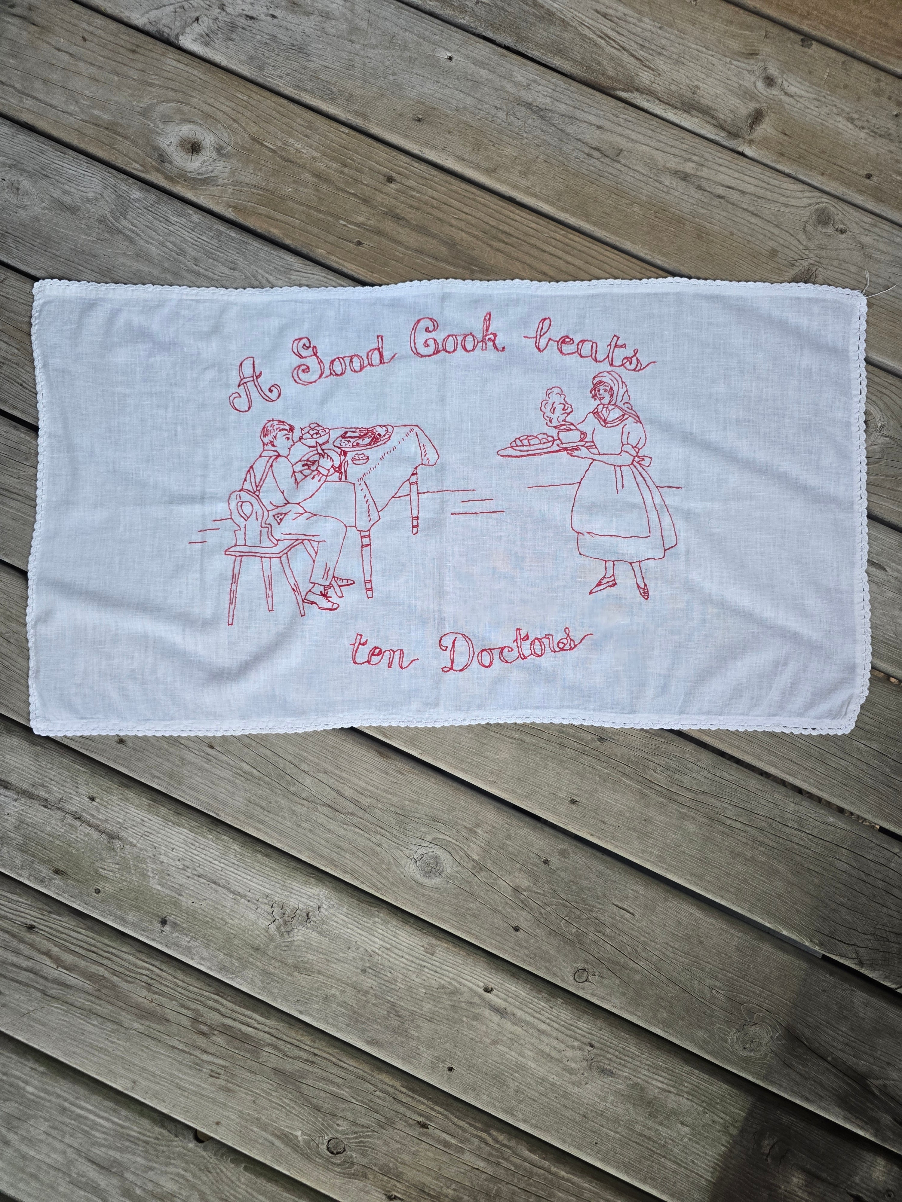 Vintage Linens - Red Work Linen "A Good Cook is Worth 10 Doctors ...